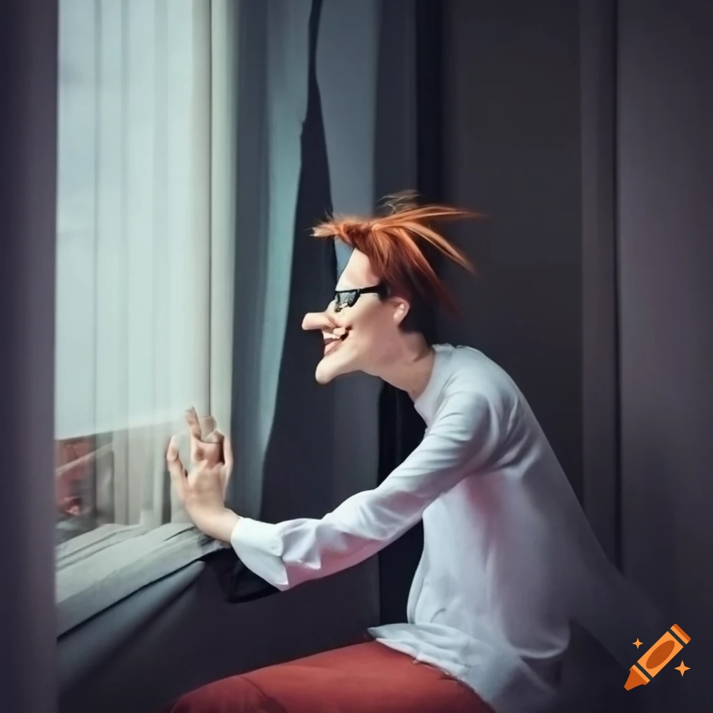 Cosplay of doctor doofenshmirtz sitting by a window