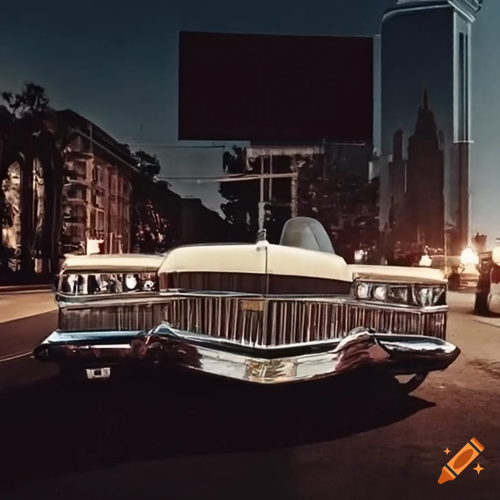 Vintage car in a city with huge billboard screen on Craiyon