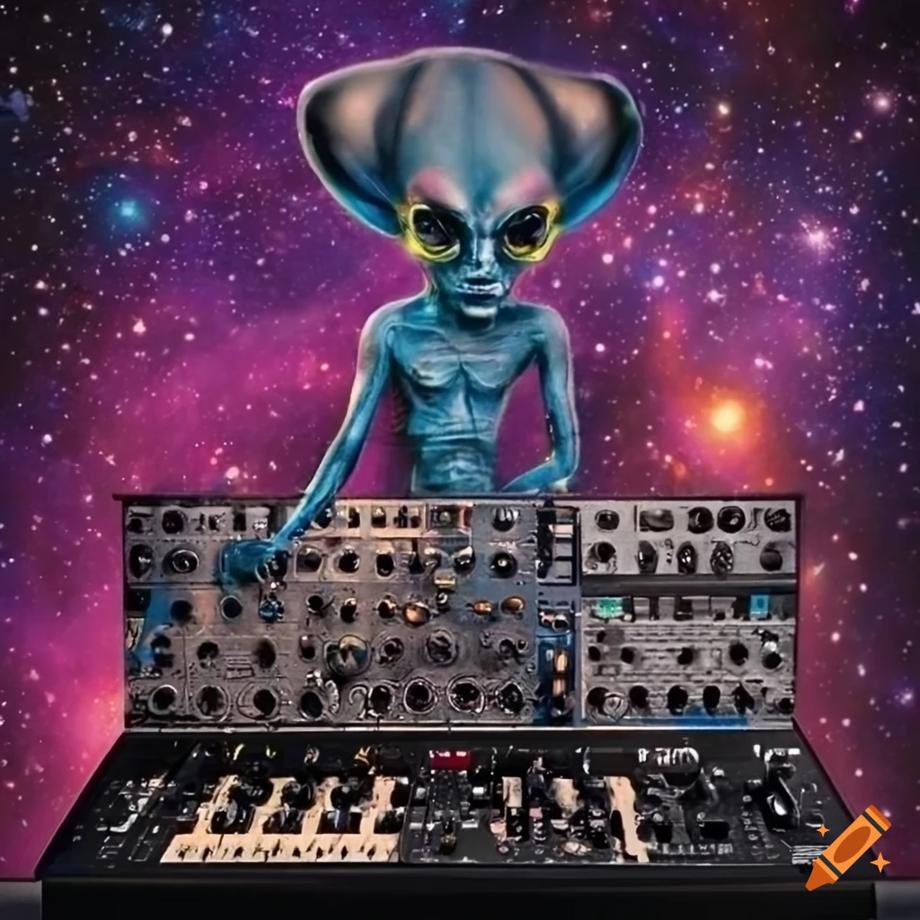 Vintage fantasy cover art with an alien playing synthesizer on Craiyon