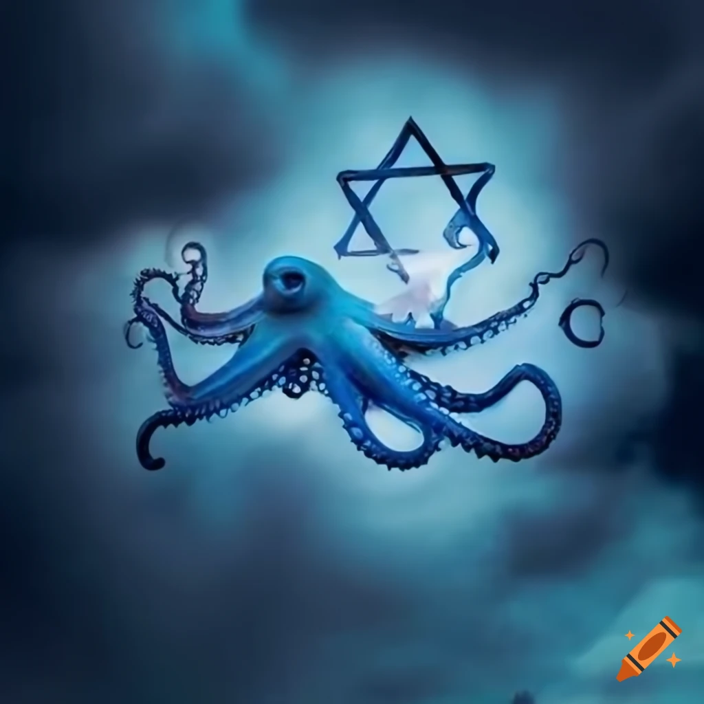 Surreal image of a flying octopus with the star of david on Craiyon