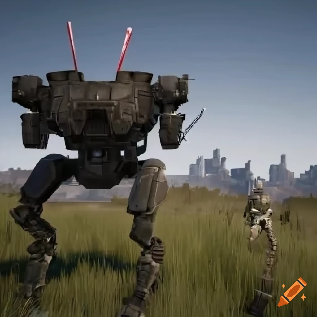 Sci-fi American soldiers with flag and mech robot in grassland on Craiyon