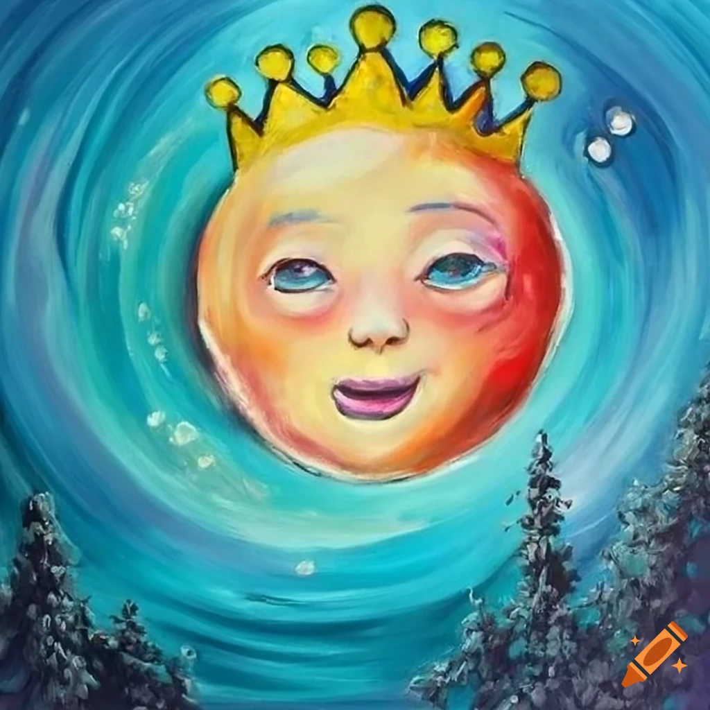 Whimsical painting of a smiling moon with a crown on Craiyon