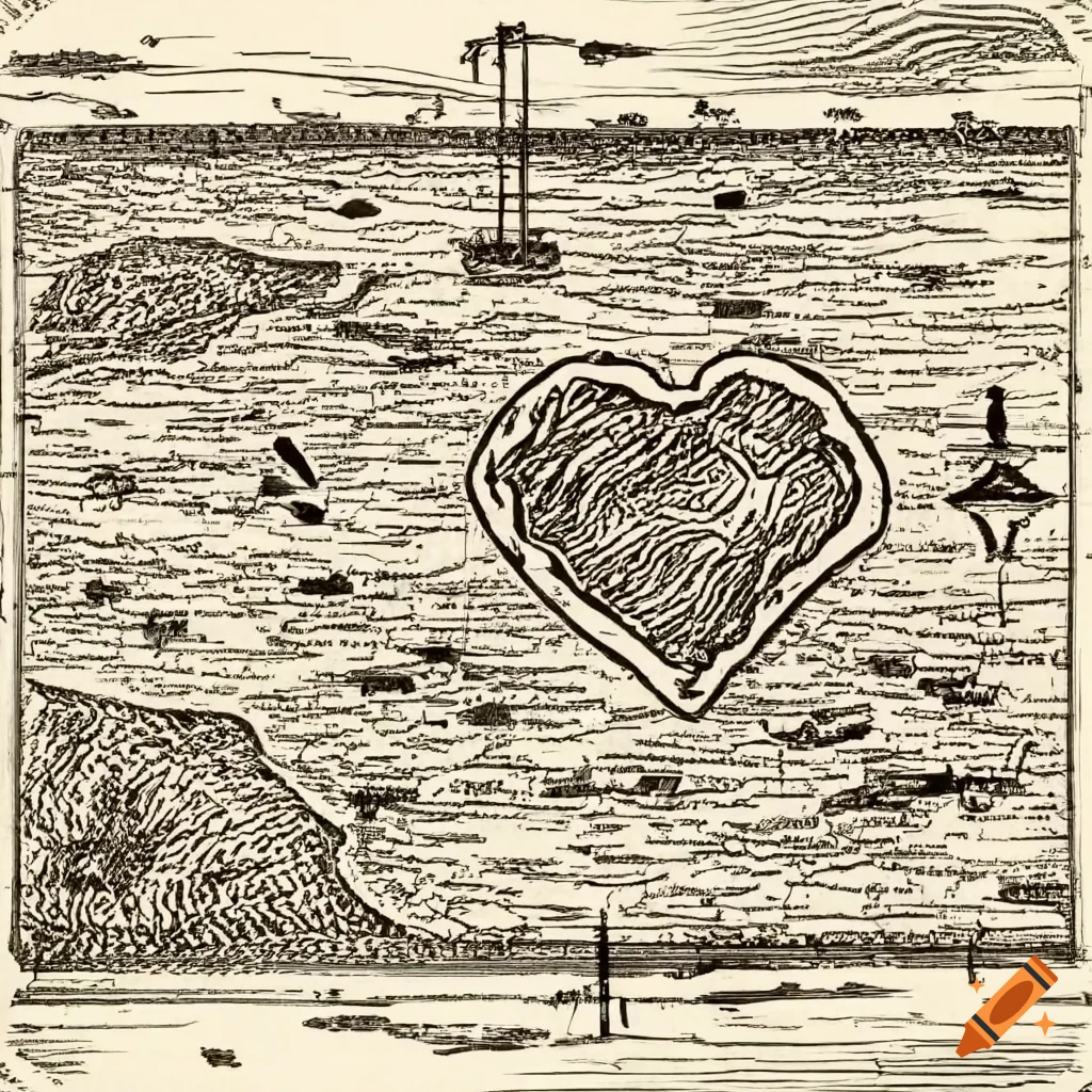 Ancient-looking hand-drawn map with heart-shaped island