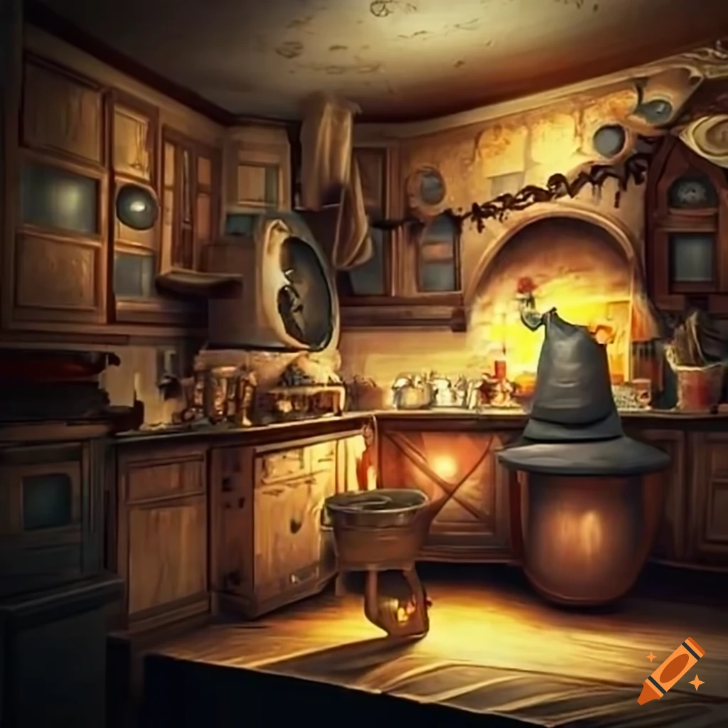 Panoramic view of a bright wizard's kitchen
