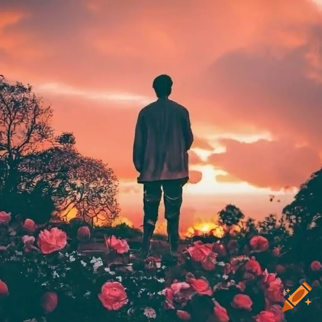 Drawing of a man in a rose garden at sunset on Craiyon