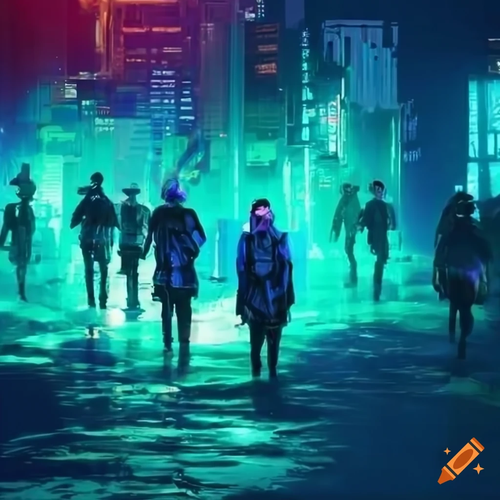 Vibrant cyberpunk citizens in blue and green colors on Craiyon