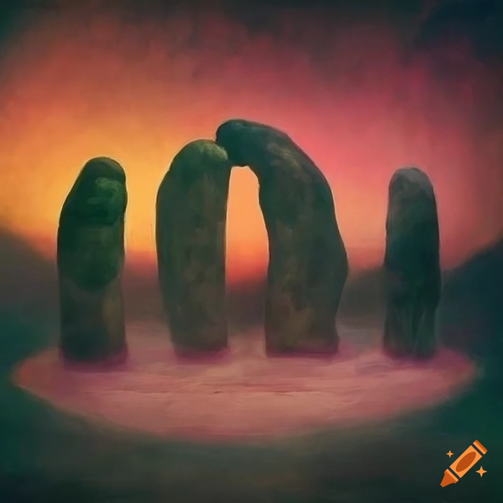 Surreal art of people in chains working around a stone circle on Craiyon