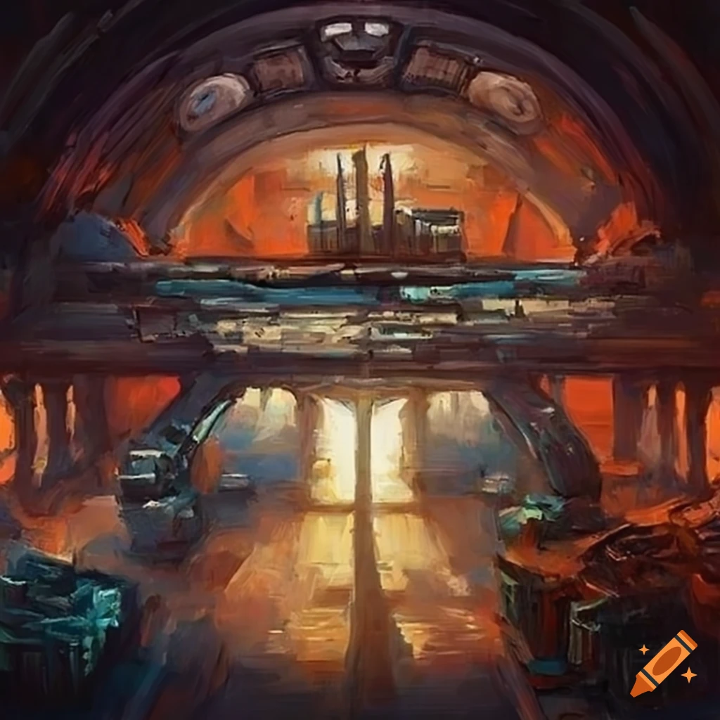 Highly detailed impressionist concept art of a futuristic factory on ...