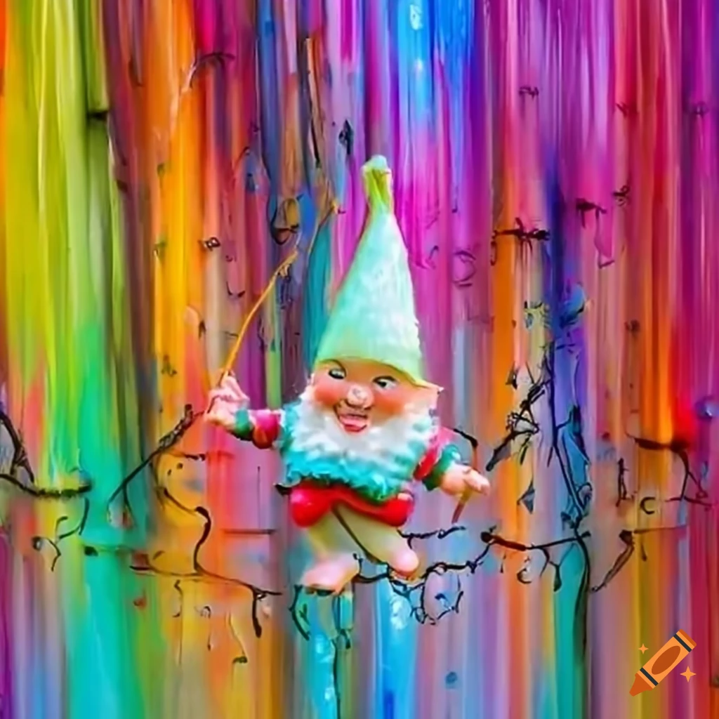 Colorful art of a twirling dwarf in a rain shower on Craiyon