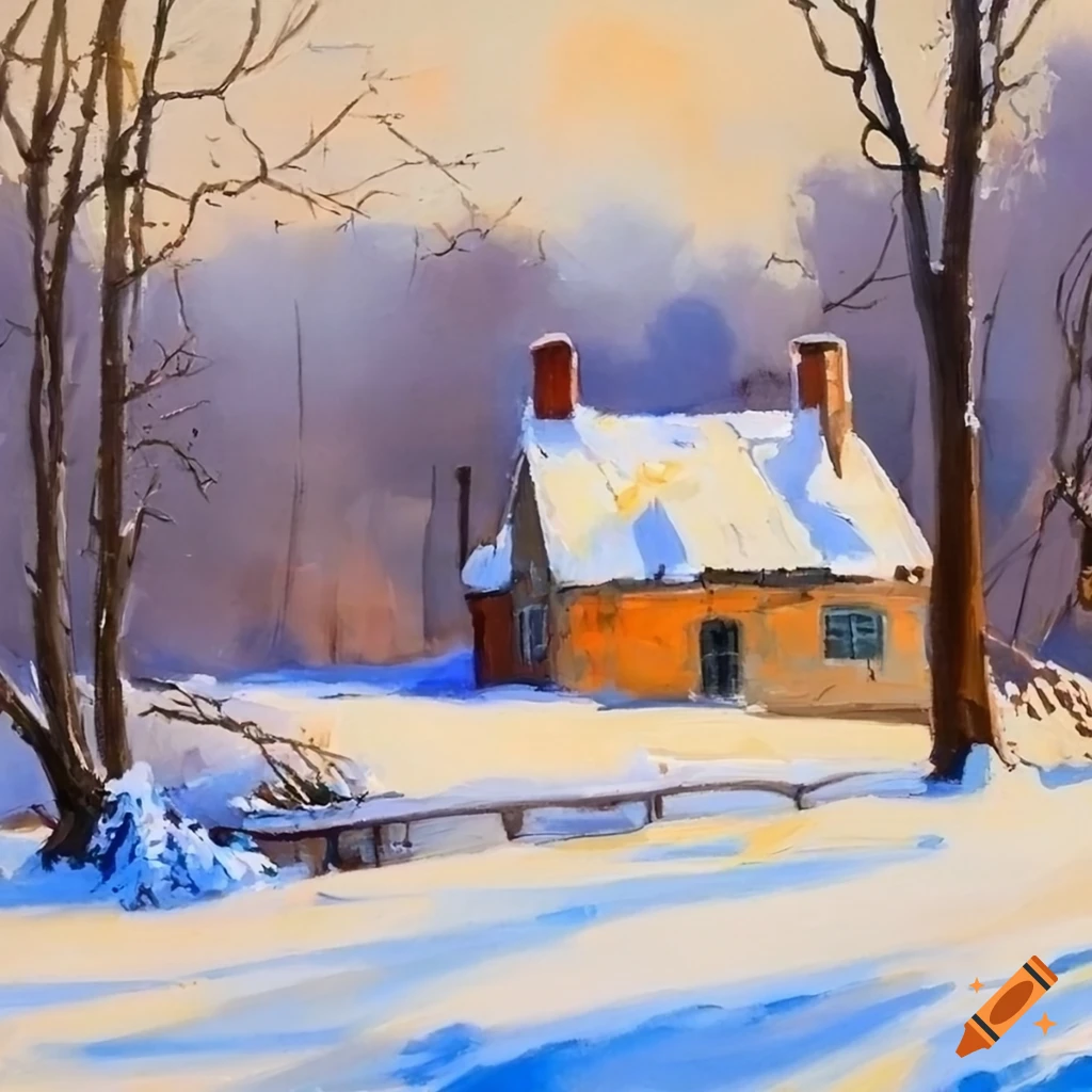Detailed oil painting of a small French country house in winter on Craiyon