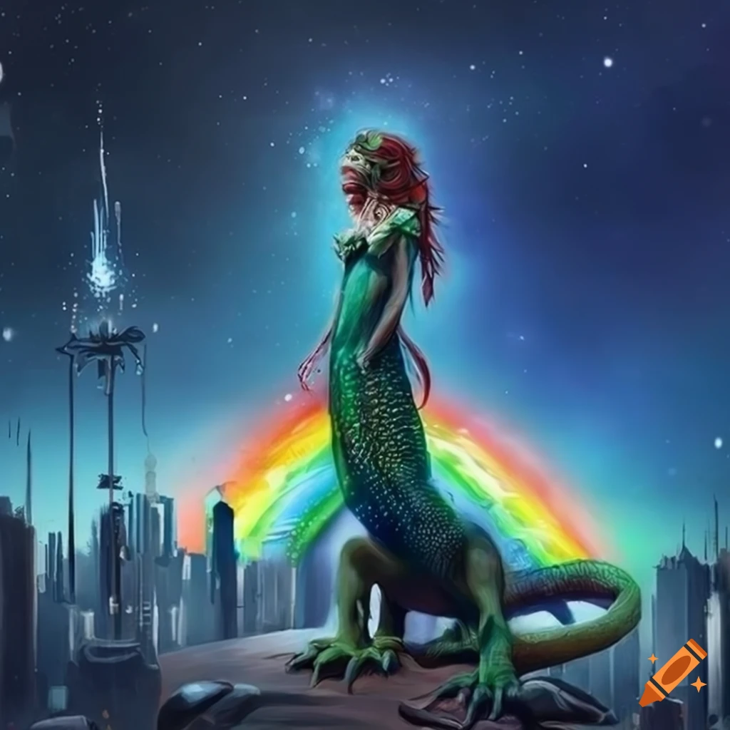 Hyper-realistic artwork of a lizard princess in a futuristic city