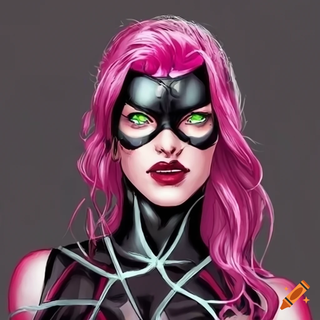 Artwork of a pink widow spider-woman on Craiyon