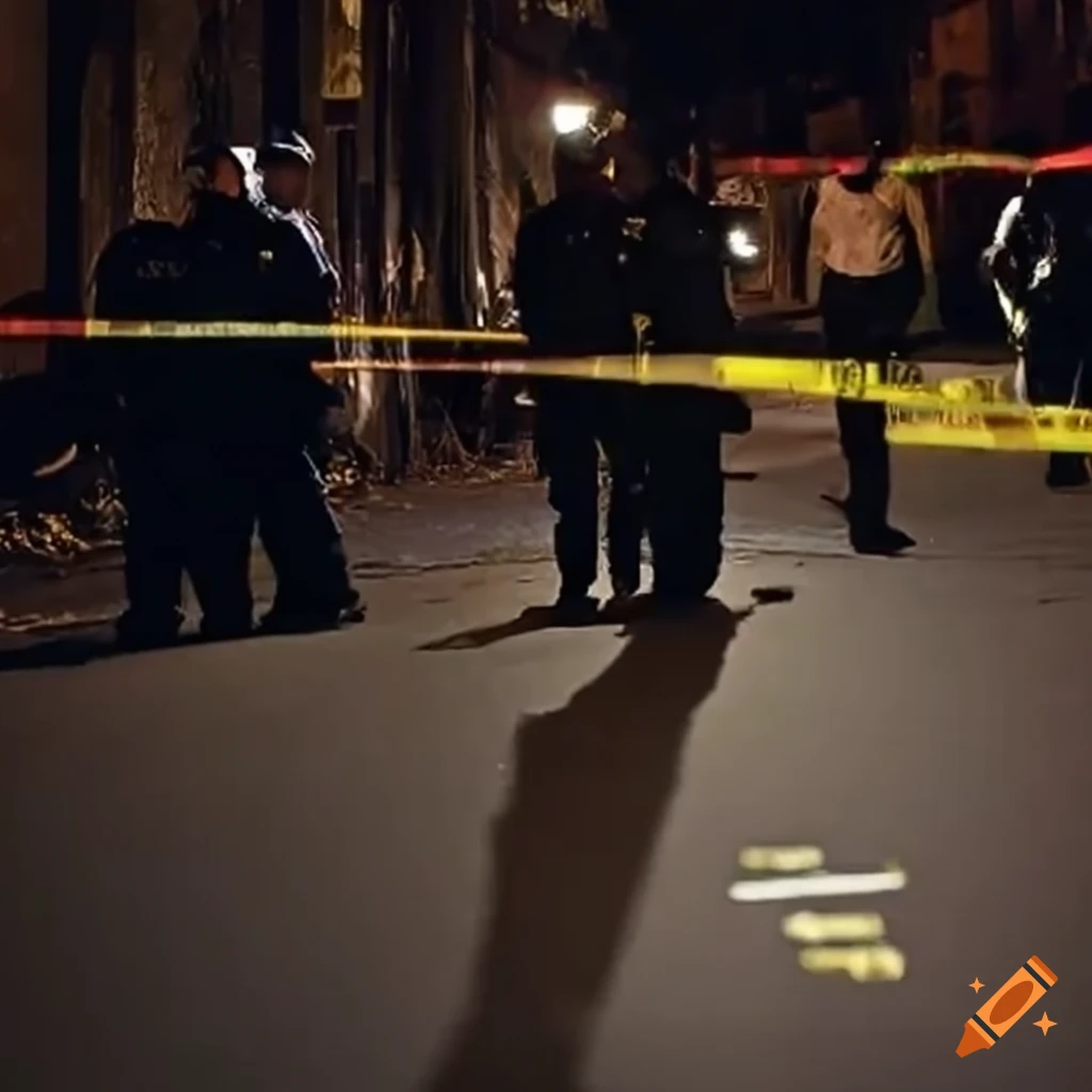 Crime scene at night with police investigating on Craiyon
