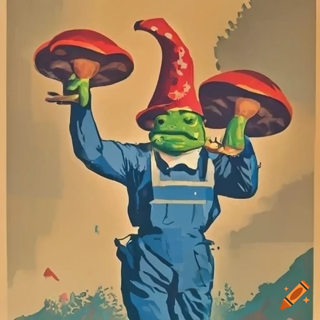 Soviet propaganda poster of worker with mushroom and frog face