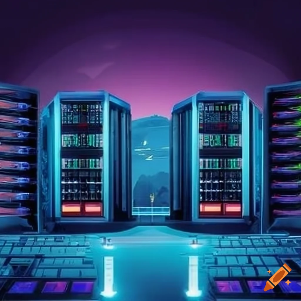 Serene dove flying over computer servers in a tech environment on Craiyon