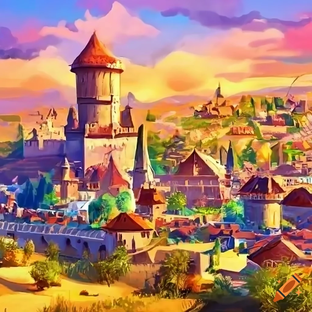 Colorful painting of a medieval city in a forest