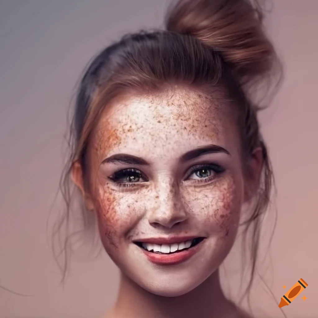 Portrait of a beautiful woman with freckles and brown hair on Craiyon