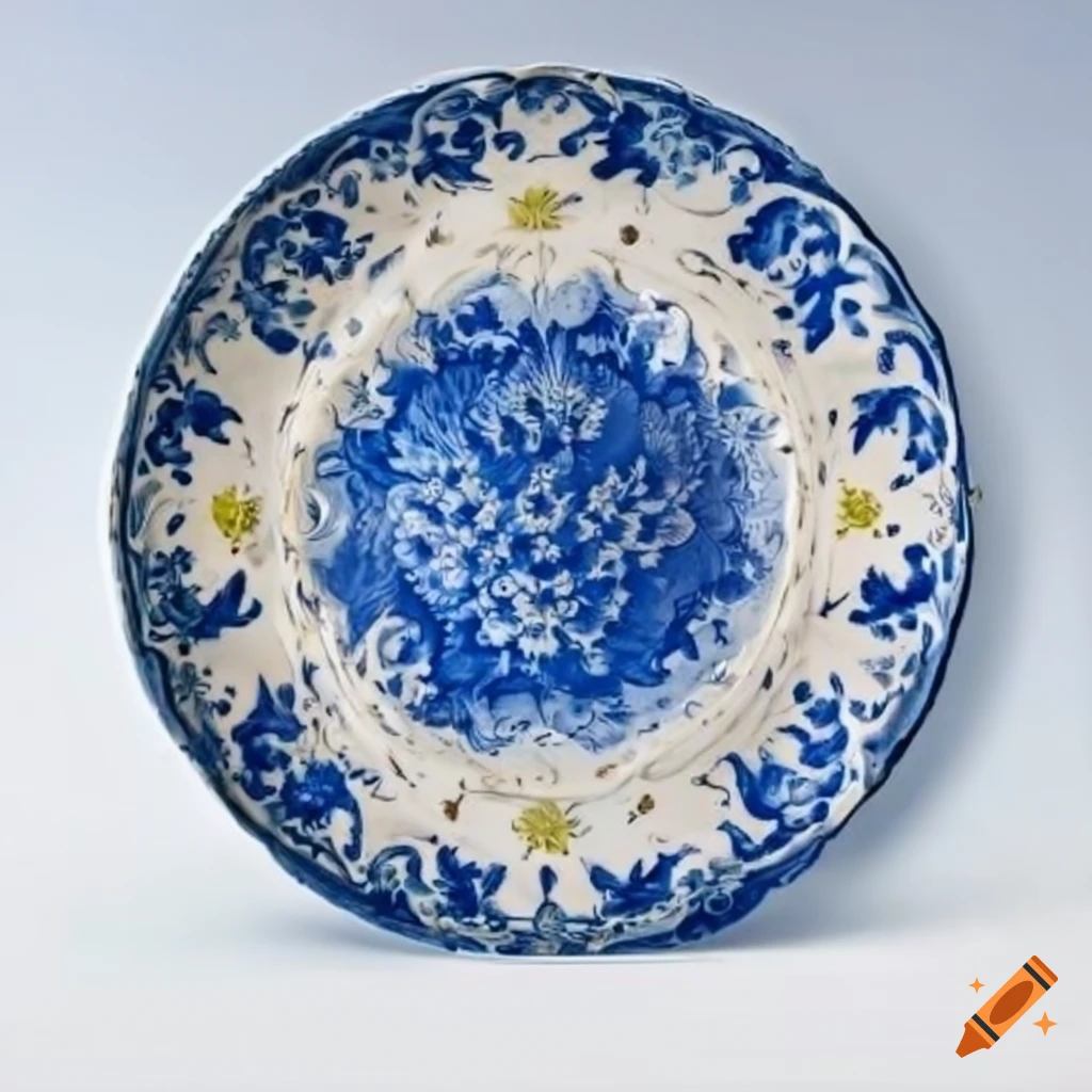 Blue rococo plate with white flower relief