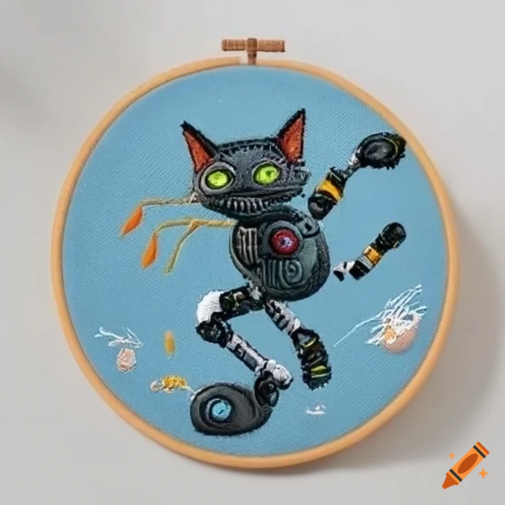 Realistic embroidered robot cat chasing a robot human on Craiyon
