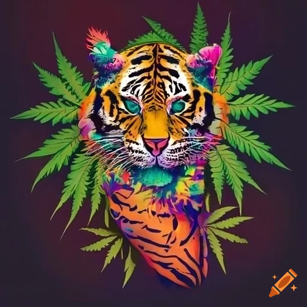 Colorful sleeve design with cannabis leaves and a tiger on Craiyon