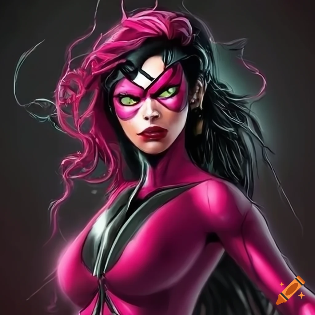 Pink widow spider-woman with black hair and green eyes