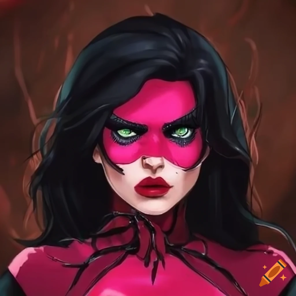 Illustration of a pink widow spider-woman with black hair and green ...