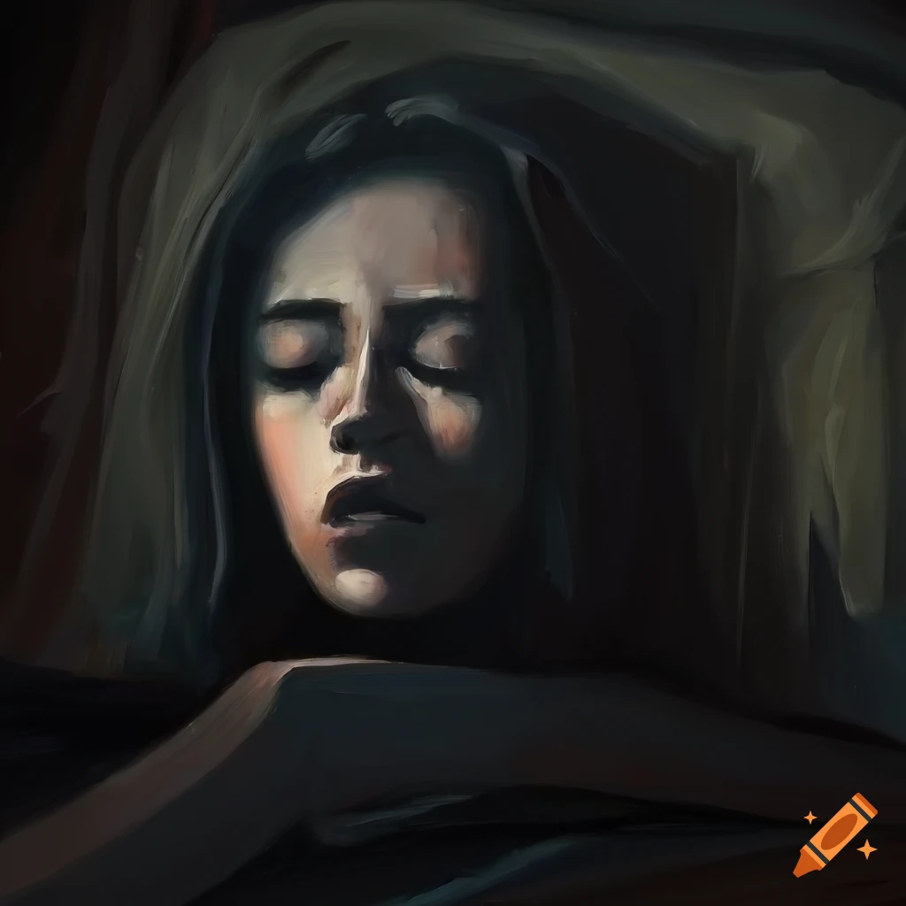 Palette knife painting of a sleeping woman in a dark bedroom