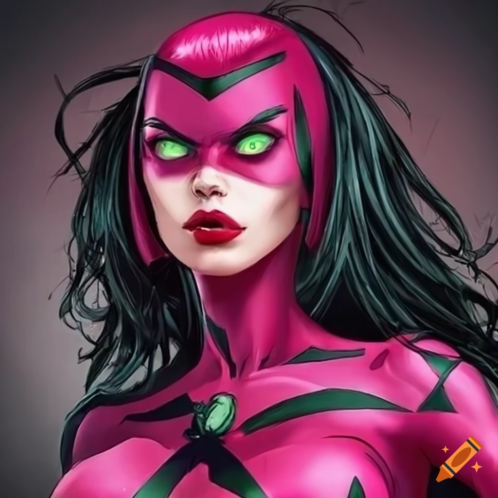 Pink widow spider-woman with black hair and green eyes on Craiyon
