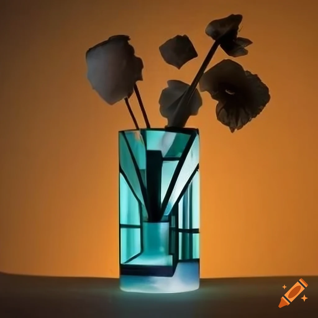 Dramatic lighting on a cubist glass vase on Craiyon
