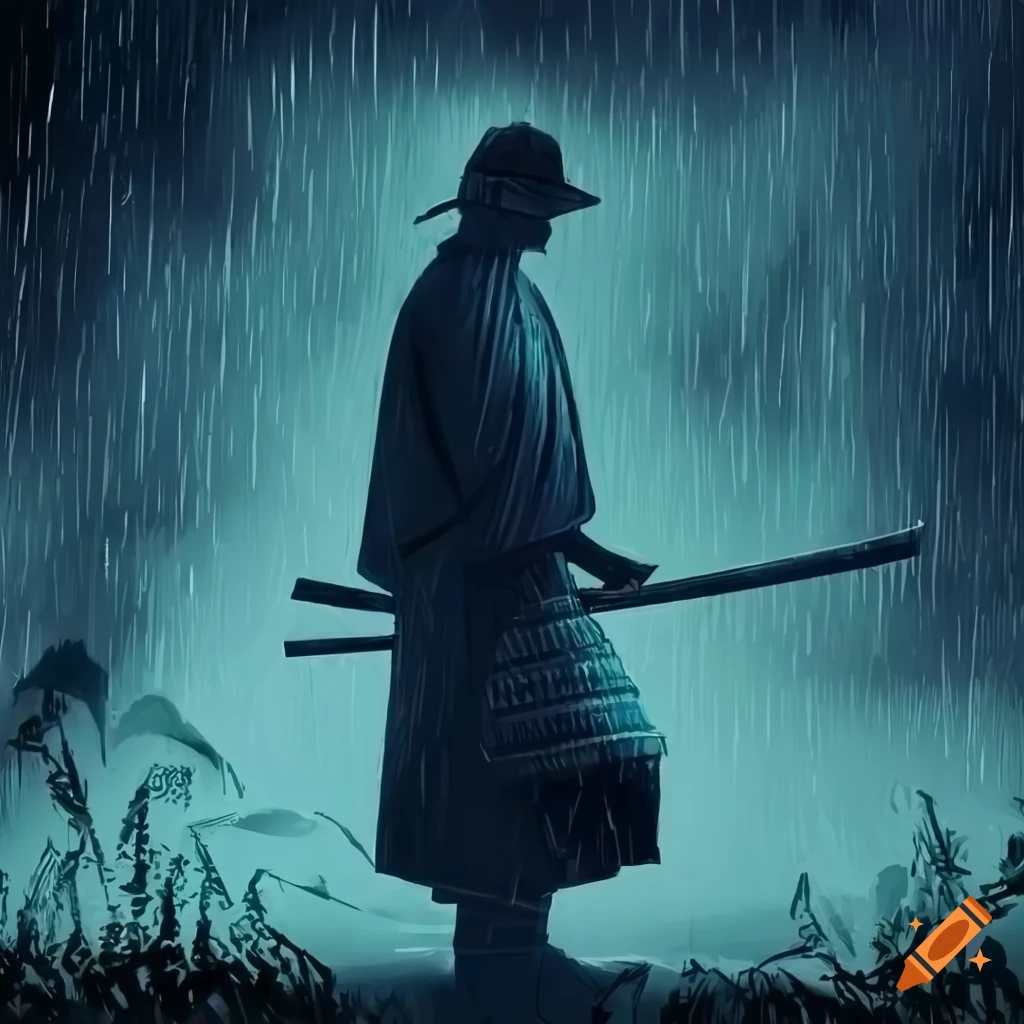 Image of a samurai standing in the rain with a cigarette on Craiyon