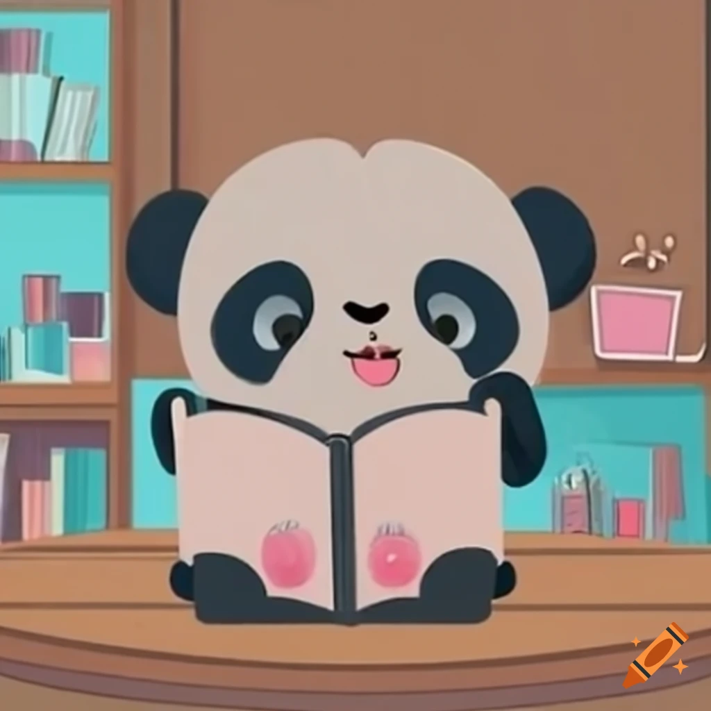 Cute baby panda reading a book in a room