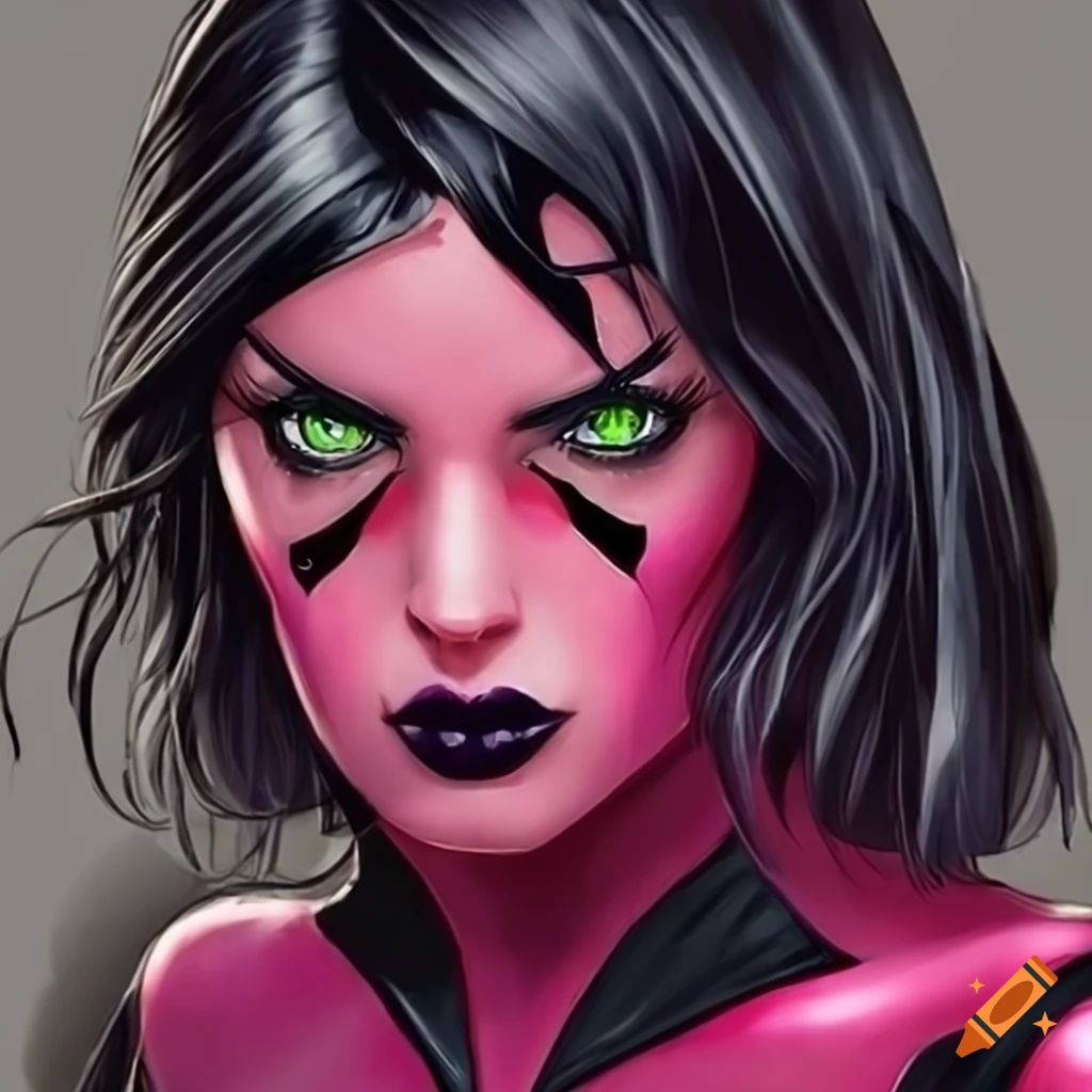 Illustration of a pink widow spider-woman with black hair and green eyes