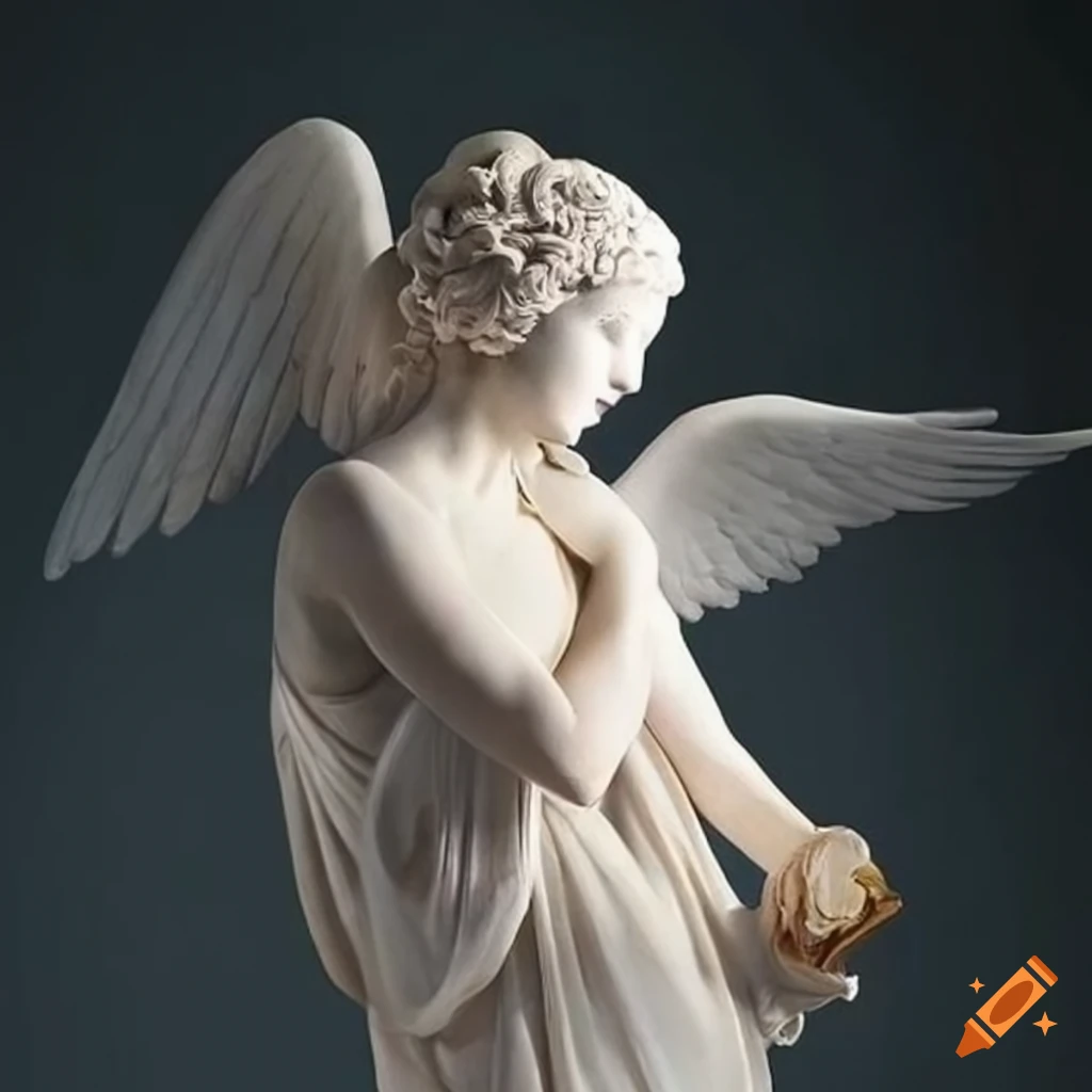 Sculpture of a compassionate angel holding a dove