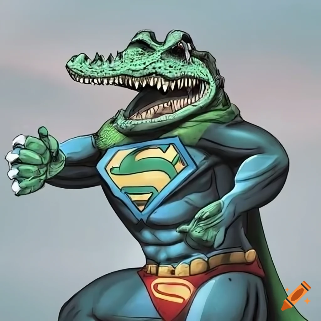 Image of an alligator dressed as superman