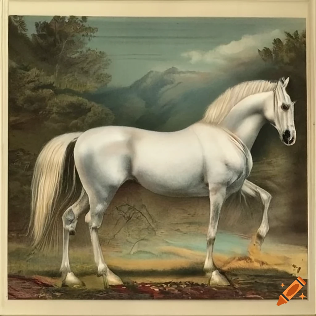 Frontal view of motionless white horses in vintage chromolithograph