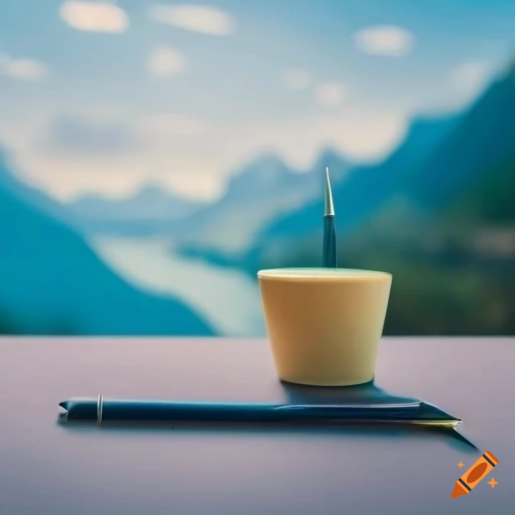 Scenic view of a notepad and pen with mountains in the background on ...