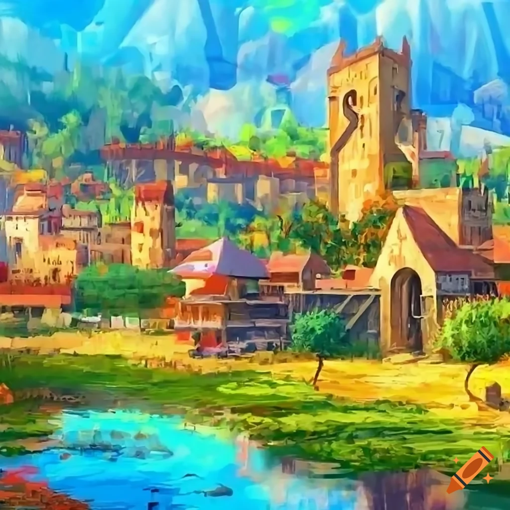 Colorful painting of a fantasy medieval city on Craiyon