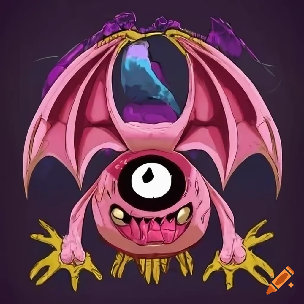 Drawing of a symmetrical eyeball monster with wings and sharp teeth on ...