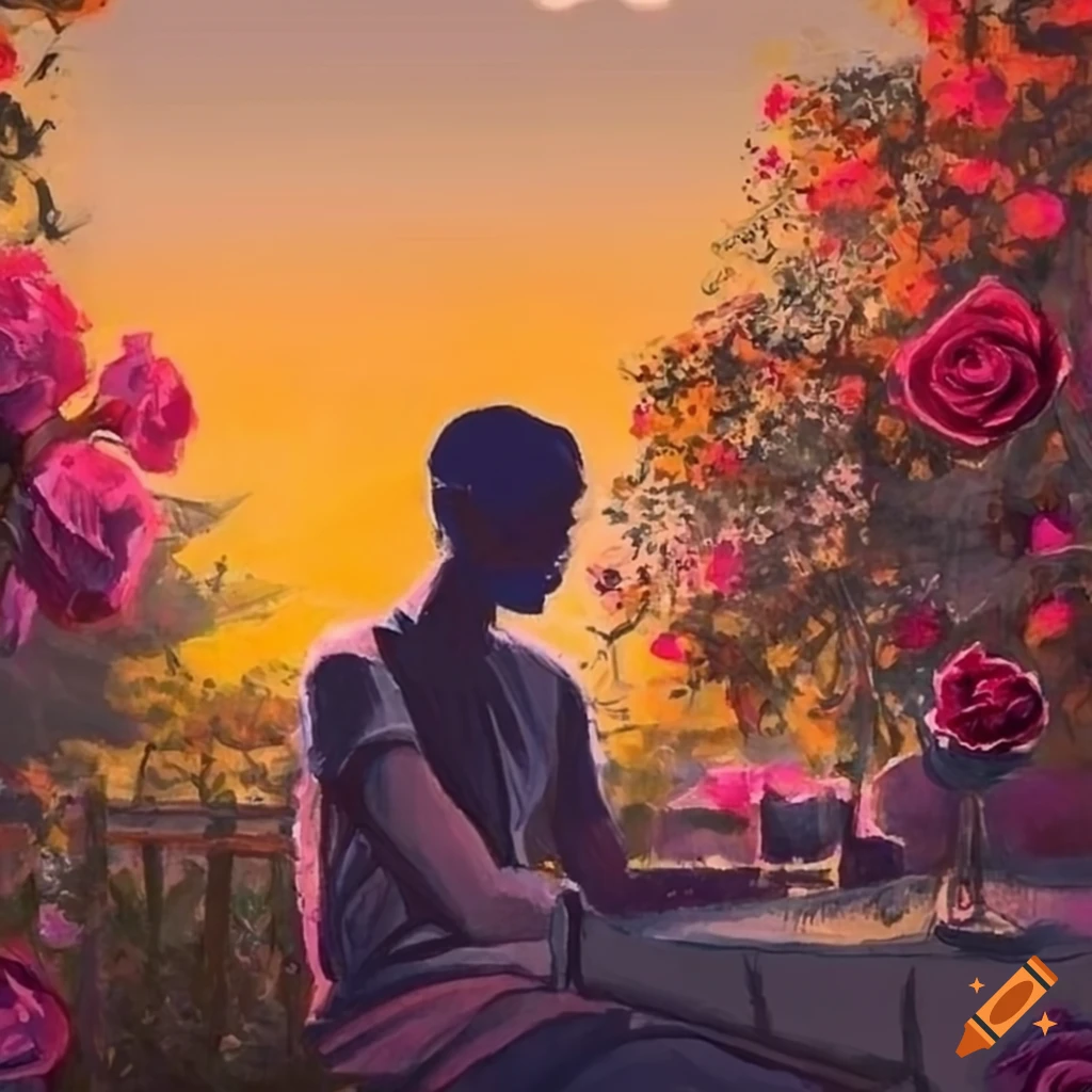 Artistic drawing of a man in a sunset rose garden on Craiyon
