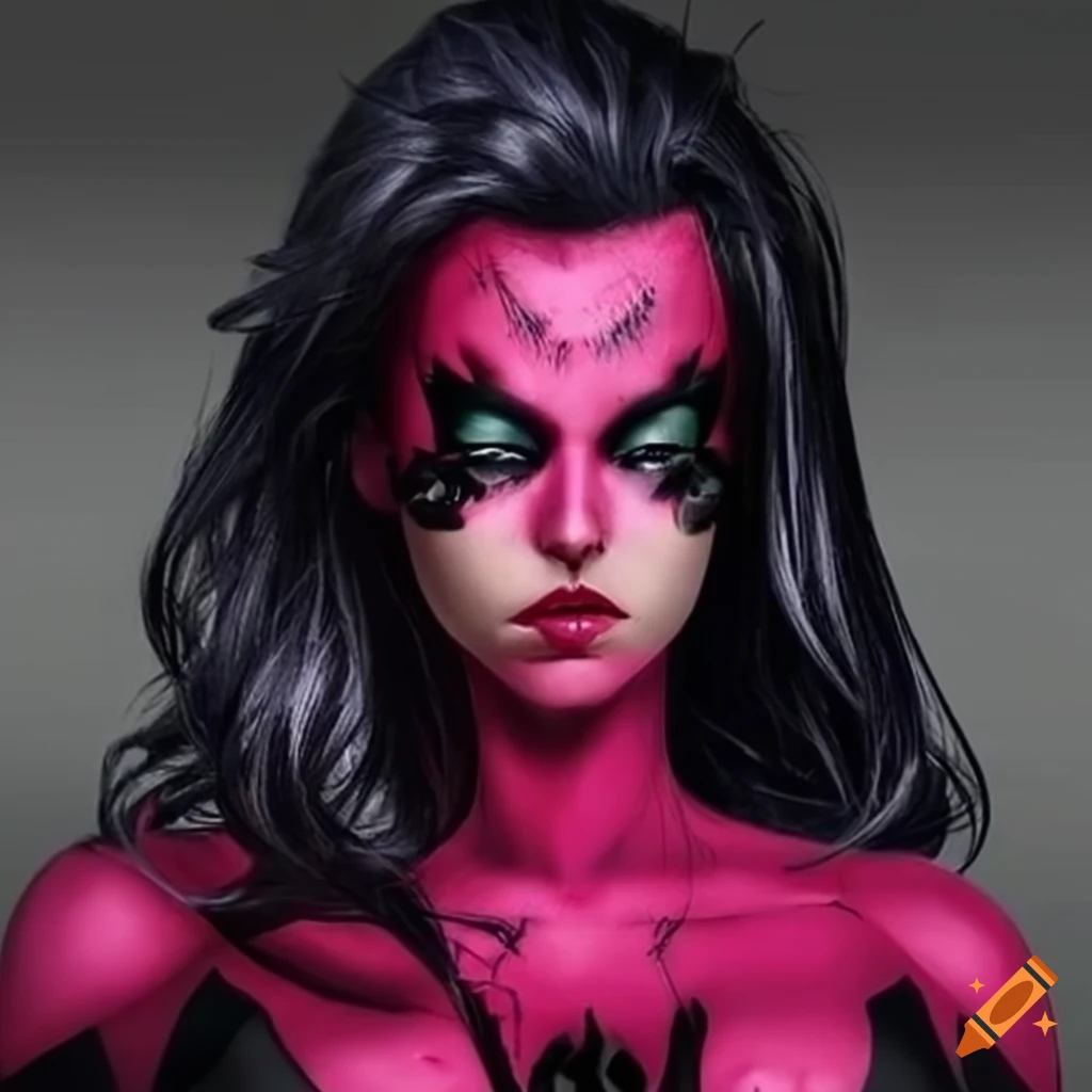 Image of a pink widow spider-woman with black hair and green eyes on ...