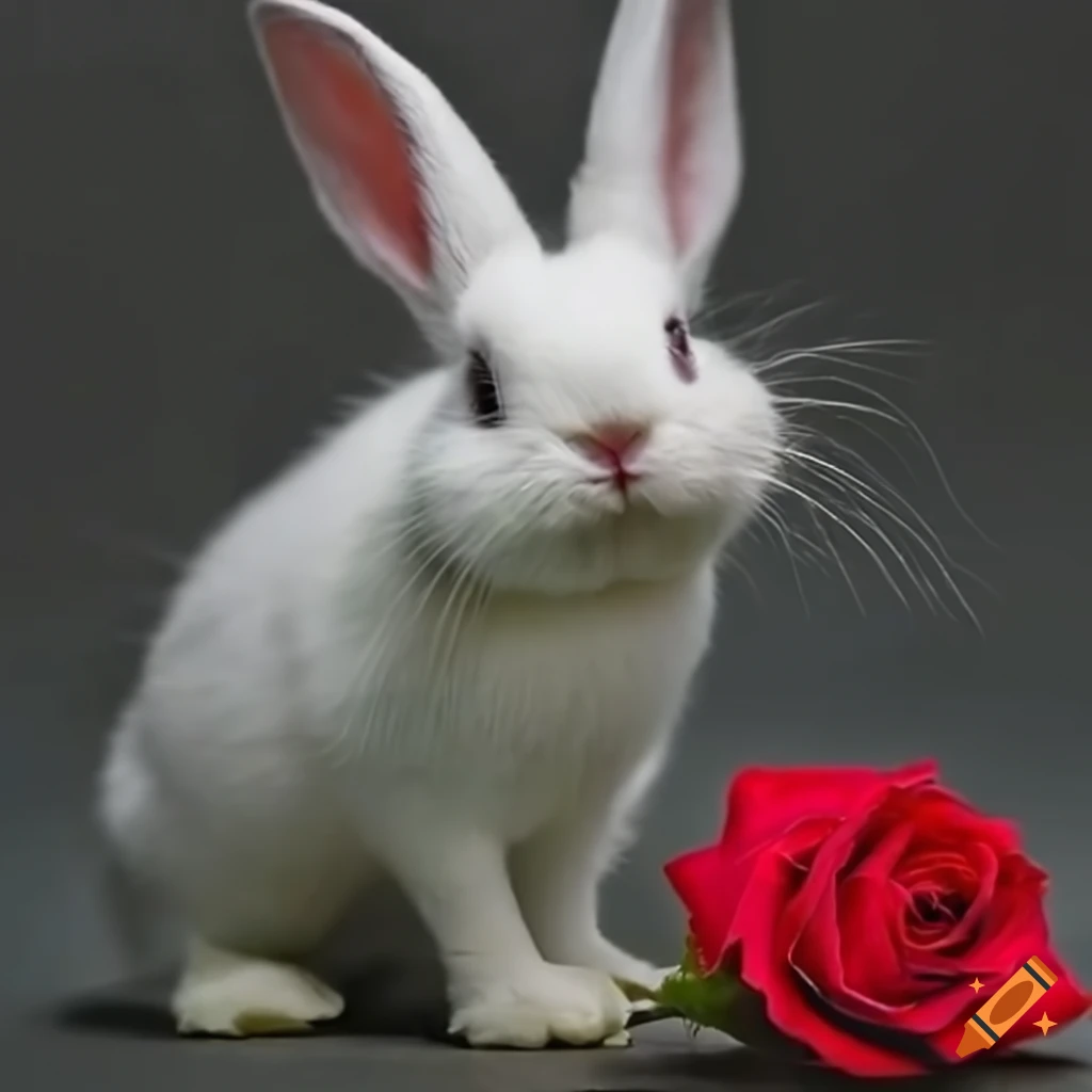 Cute white rabbit with a red rose on Craiyon
