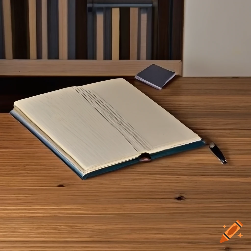 Close-up of a bespoke hardcover book on an oak table on Craiyon