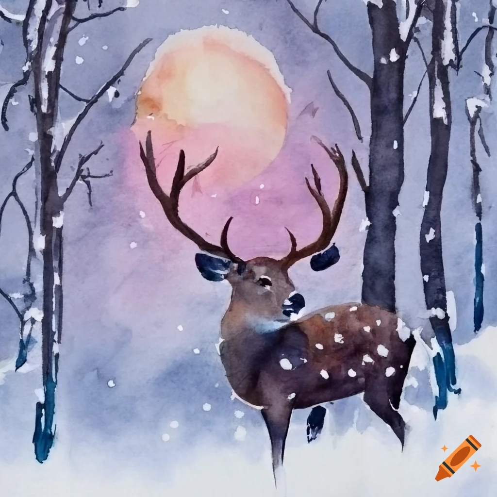 Watercolor christmas card with a deer in snowy forest on Craiyon