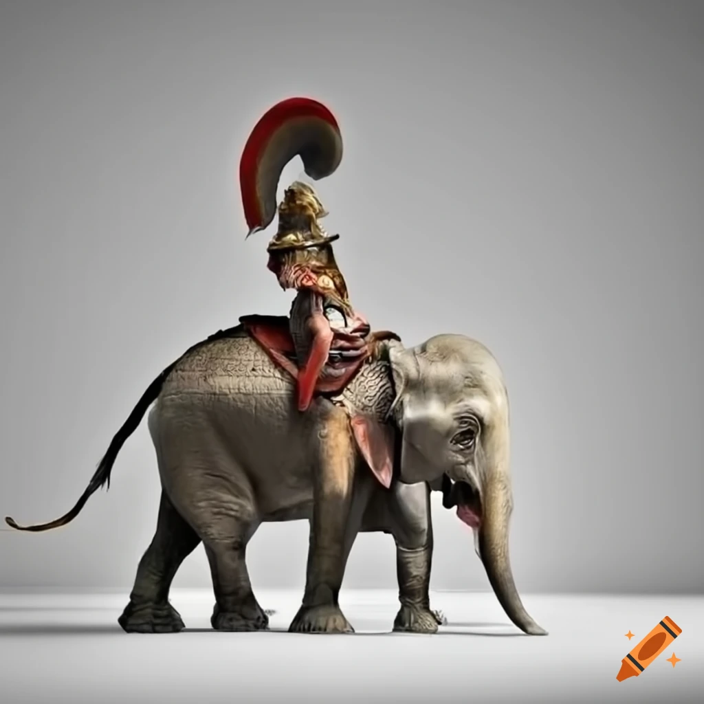 Artistic representation of a roman spartan riding an elephant on Craiyon