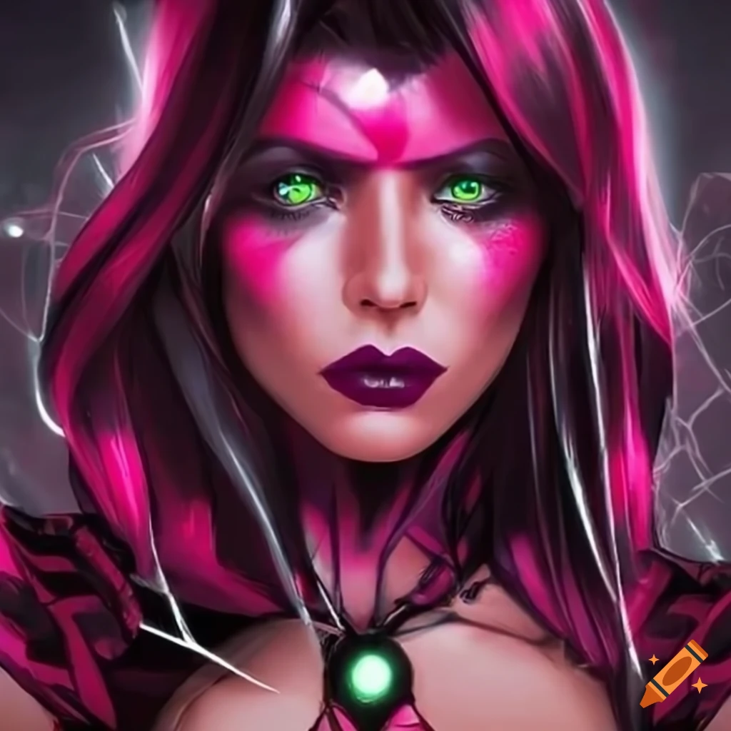 Image of a woman with black hair and green eyes dressed as a pink widow ...