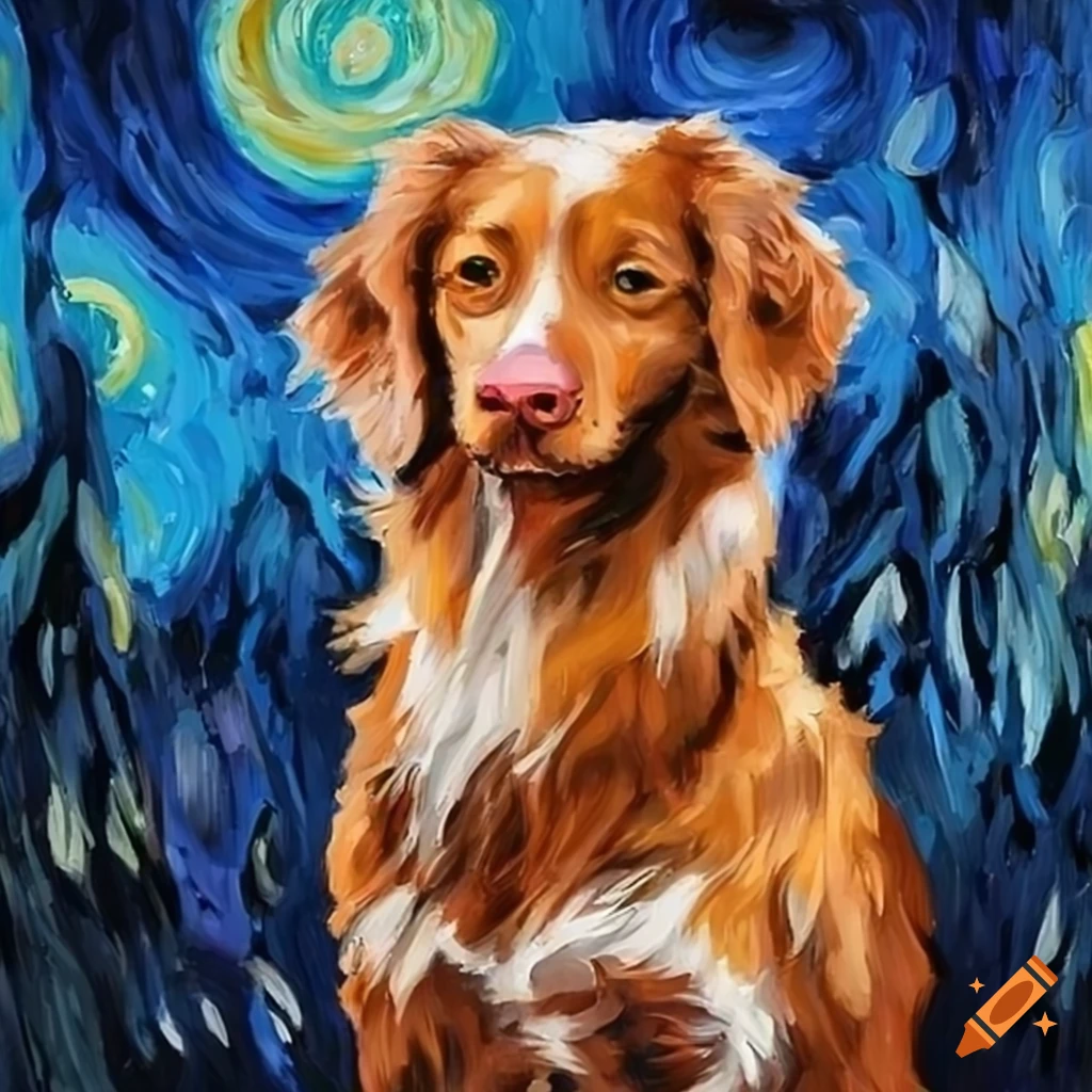 Painting of a duck toller retriever in starry night style