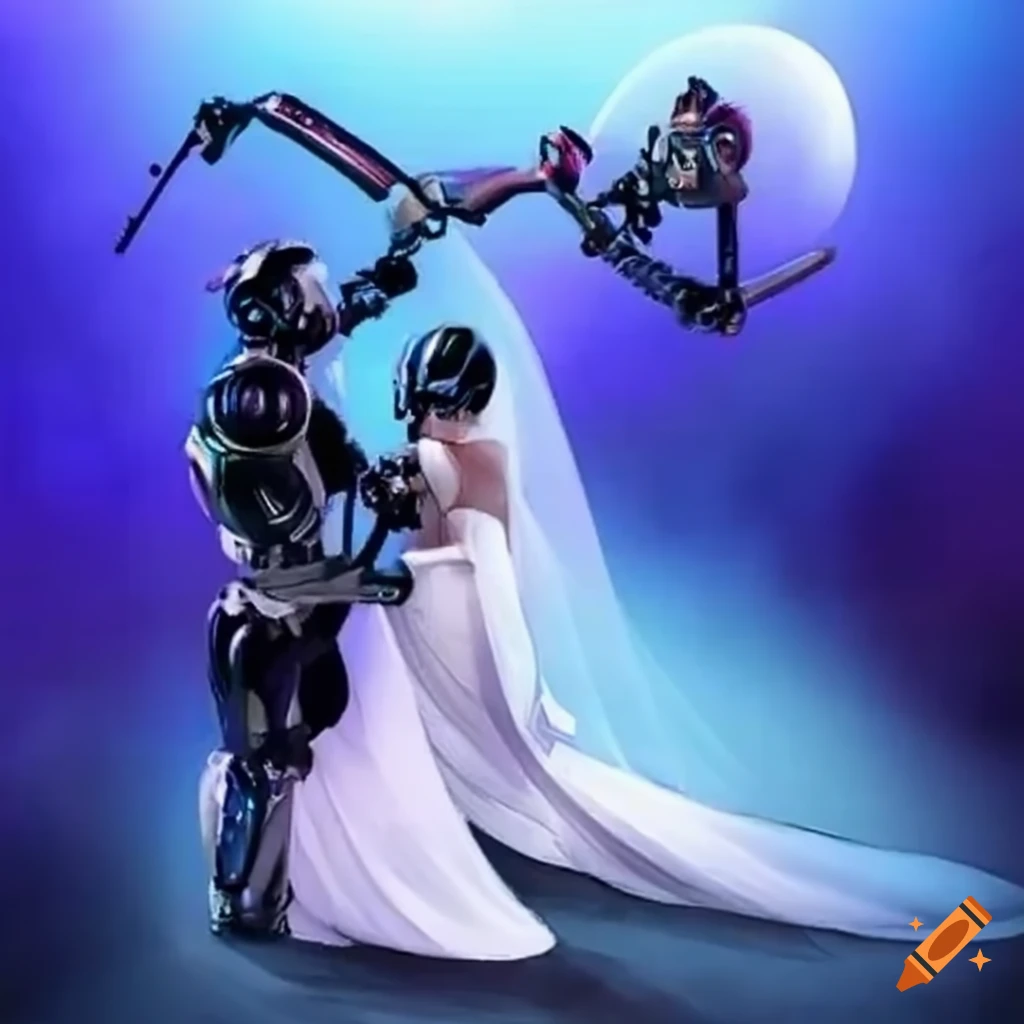 Realistic depiction of a robot wedding on Craiyon