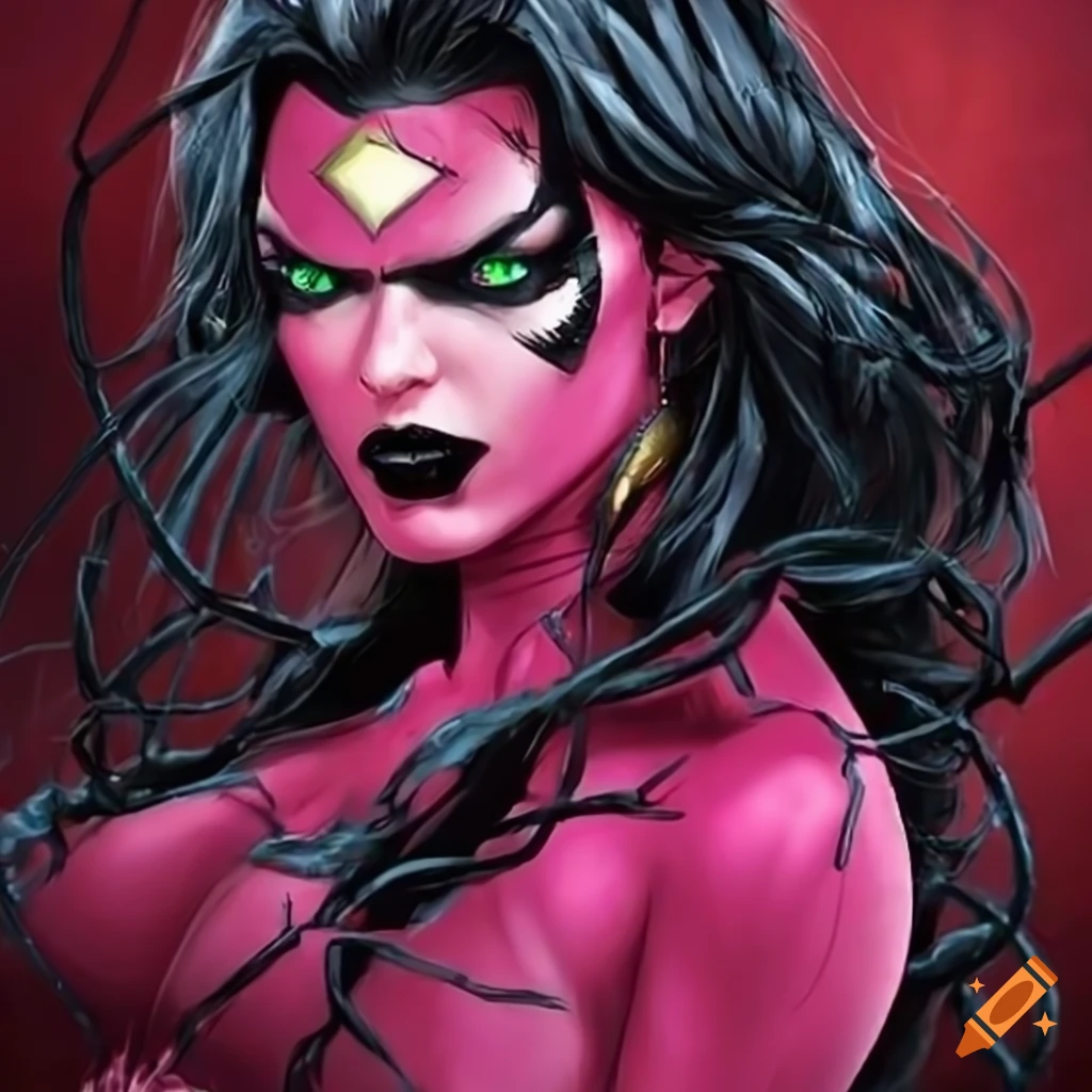 Illustration Of A Pink Widow Spider Woman With Black Hair And Green