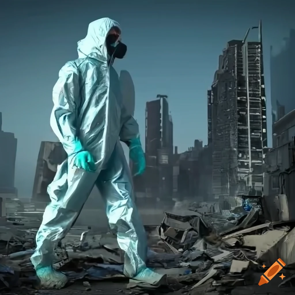 Person in hazmat suit in a post-apocalyptic city on Craiyon