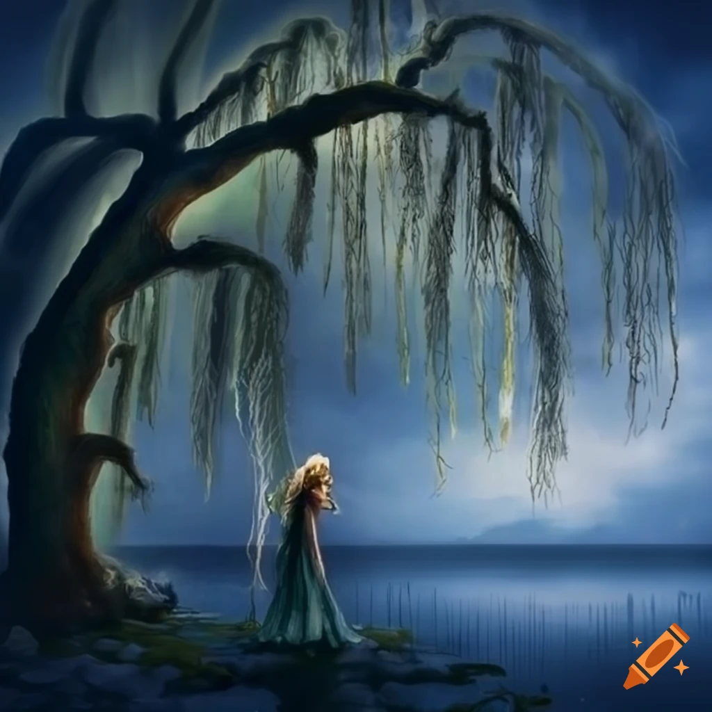 Image of a weeping willow in a storm with sparkling faeries